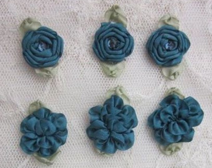 6 Pc Applique Teal Ribbon Rosette Spider Rose Flower W Stone HANDMADE ...
