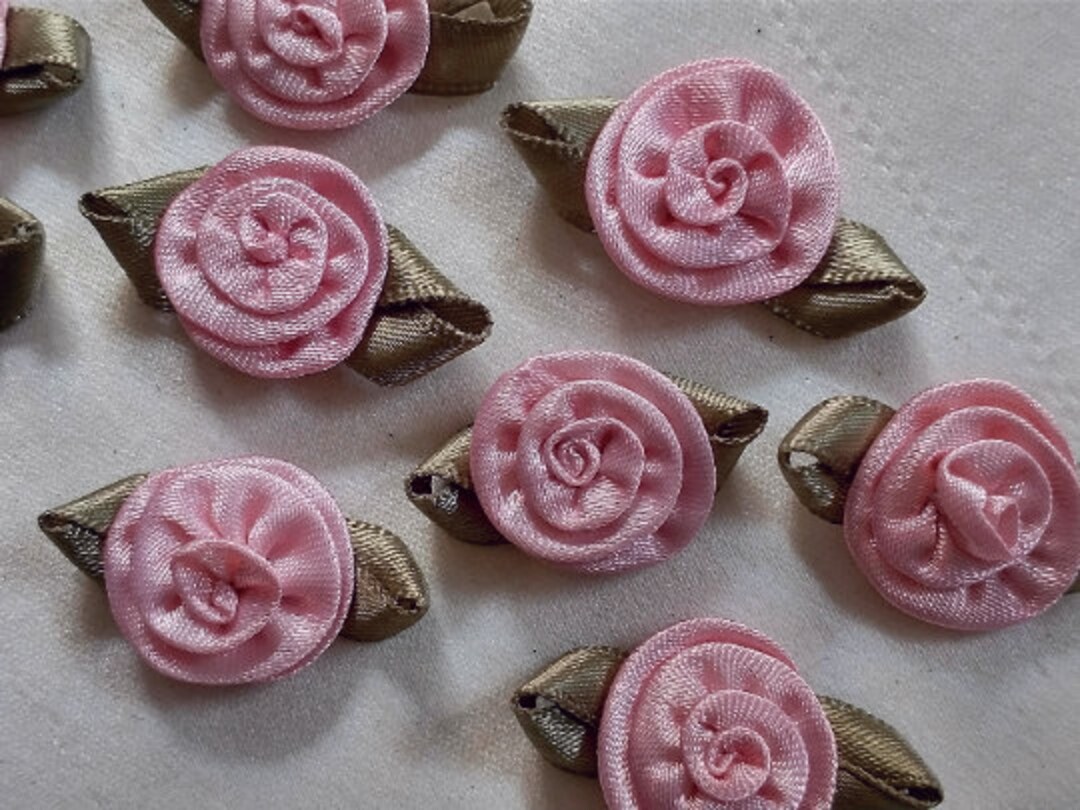 12 Pc Pink Satin Fabric Ribbon Rose Flower Applique Baby Doll Dress ...