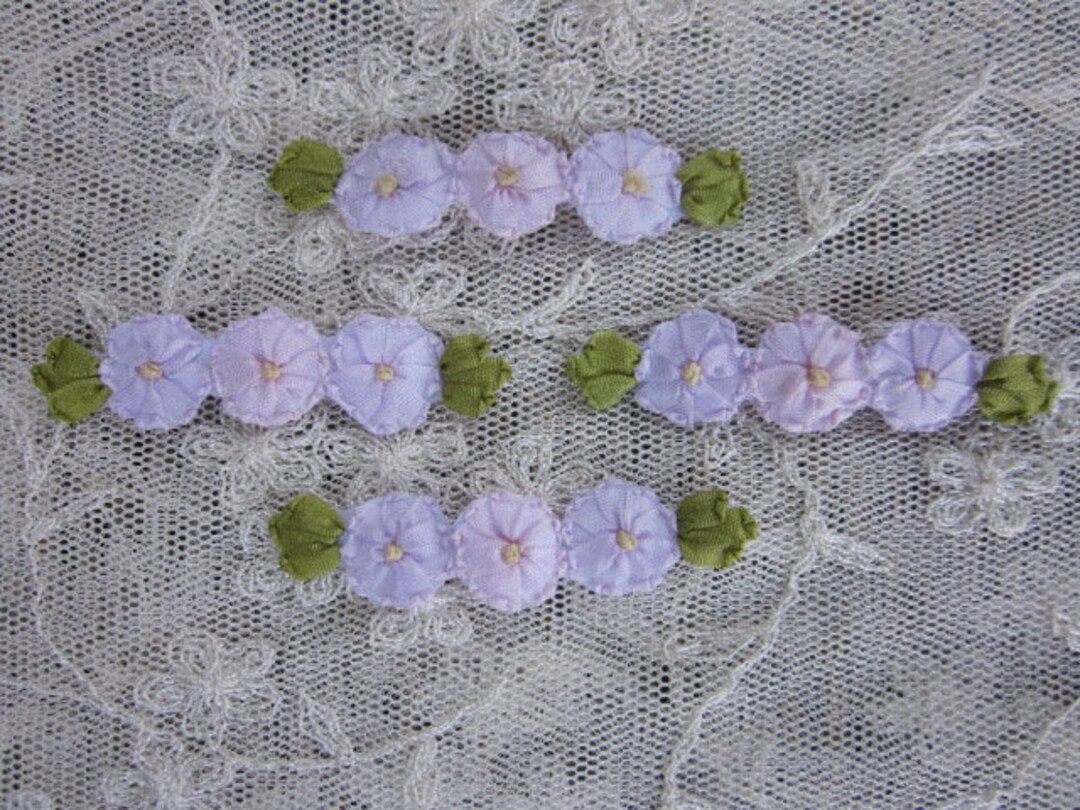 4 Pc Lavender Silk Ribbon Embroidered Flower VINTAGE Applique Antique ...