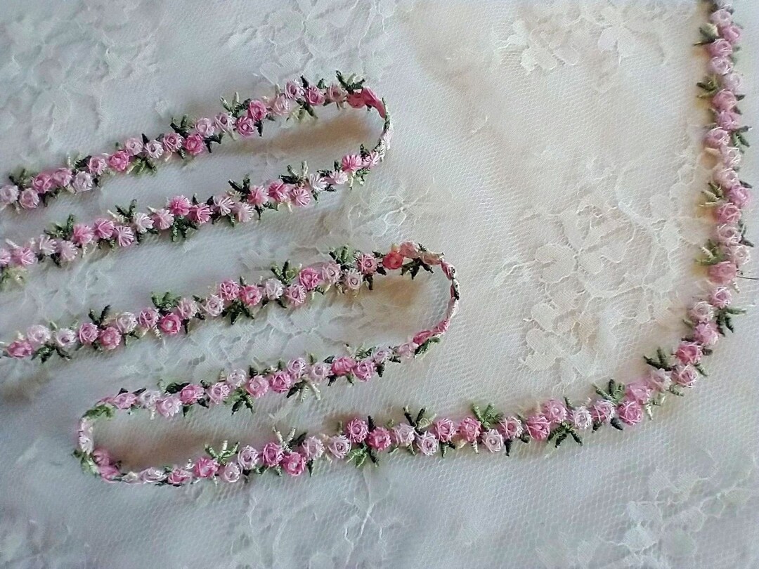 PINK Ombre Ribbon Trim Rose Bud Flower Embroidered Scrapbook Junk ...