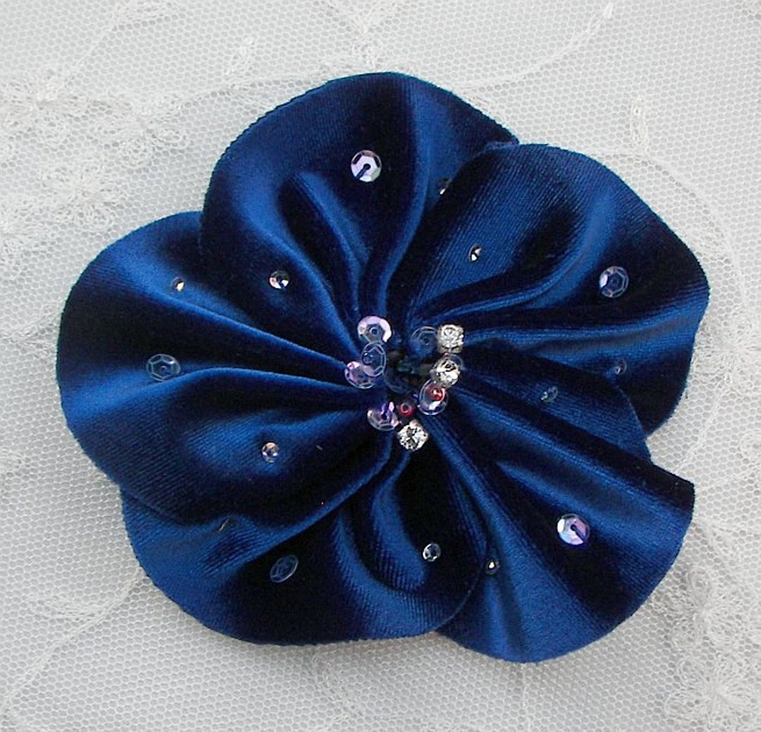 ROYAL Blue Velvet Ribbon Rose Flower Fabric Applique Sequin Beaded ...