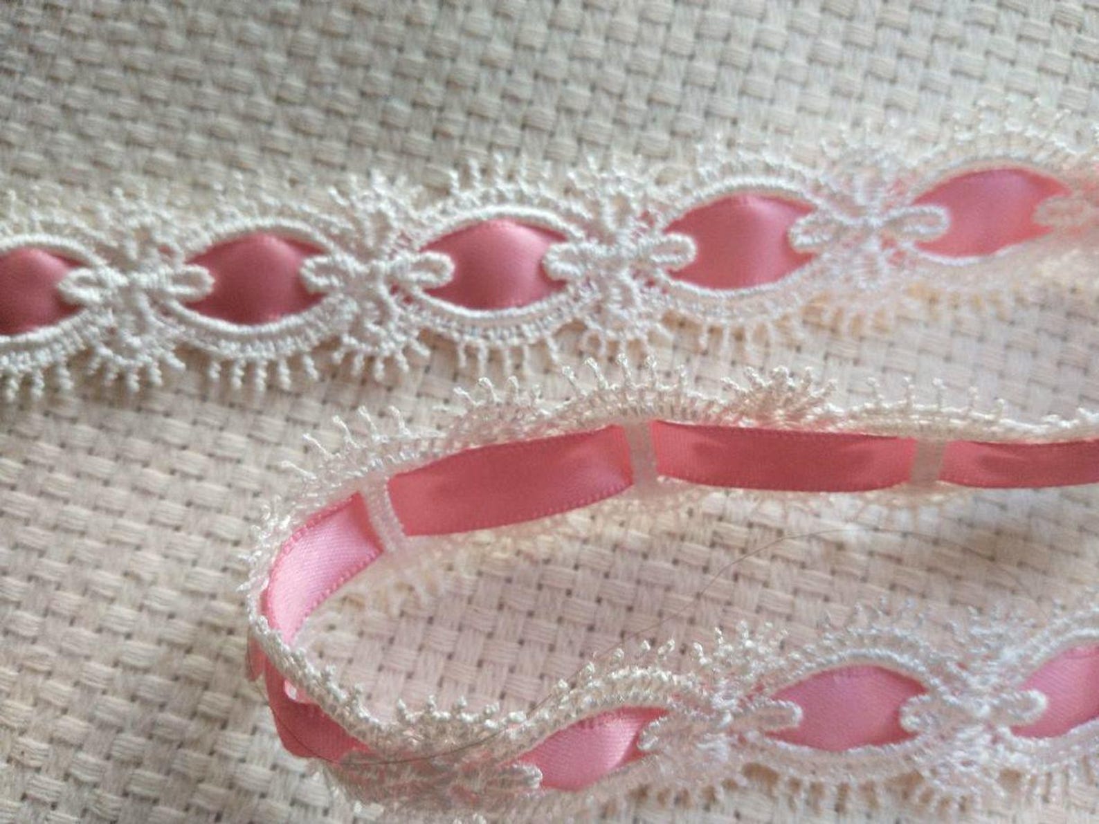 Colonial Rose Pink Embroidered Lace Trim Satin Insert Ribbon French ...