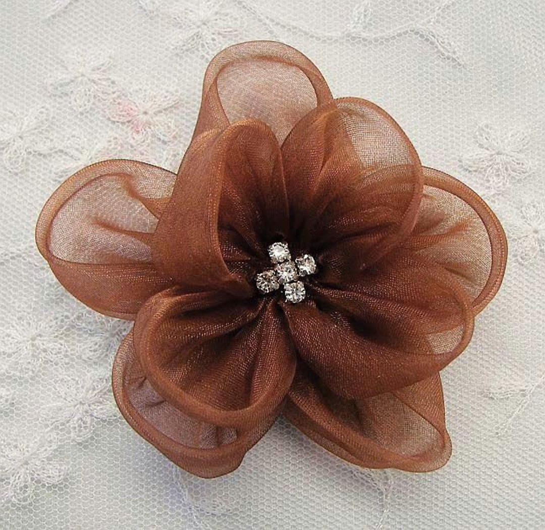 Rust Cocoa Brown Rose Flower Organza Fabric Applique Rhinestone Beaded ...