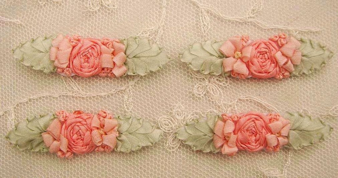 4 Coral Peach Flower Applique Ribbon Embroidered VINTAGE Antique Baby ...