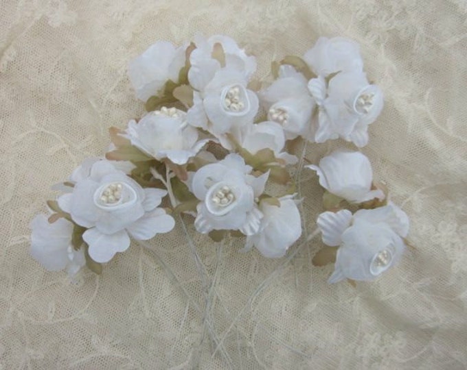 18 Pc WHITE Wired Satin Organza IVORY CREAM Pearl Rose Flower Applique ...