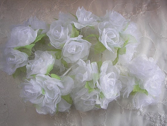 36 Pc WHITE Rose Flower Organza Ribbon Wired Rosette | Etsy
