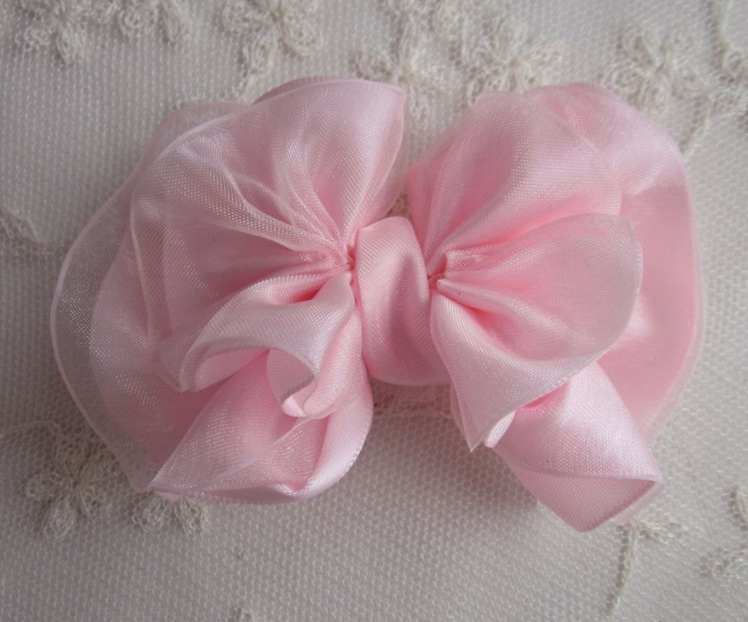 PINK Satin Organza Ribbon Ruffle Bow Applique Bridal Baby Hair ...