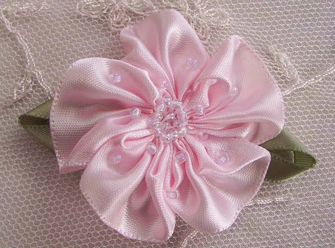 2P Glass Beaded PINK Satin Fabric Flower Applique Baby Doll Bridal ...