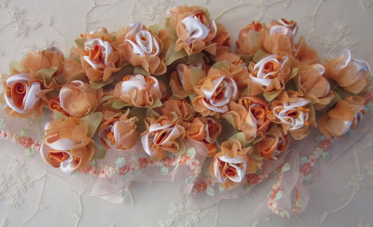 36 Pc Chic ORANGE WHITE Satin Organza Ribbon Wired Rose Peony - Etsy