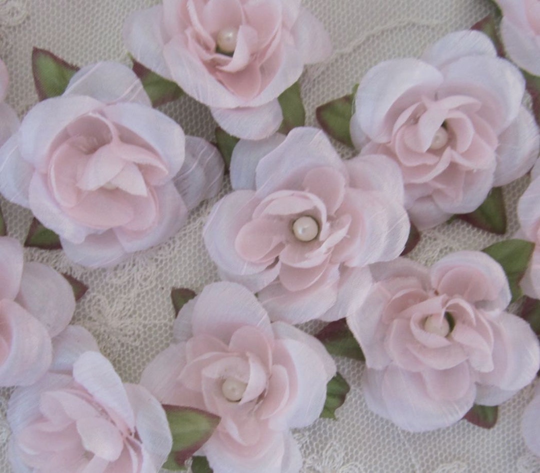 6 Pc Blush Pink Ribbon Flower Applique Green Leaf Embellished With ...