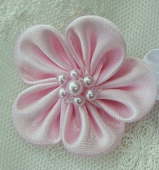 6 Pc PINK Satin Pearl Beaded Ribbon Fabric Flower Applique - Etsy