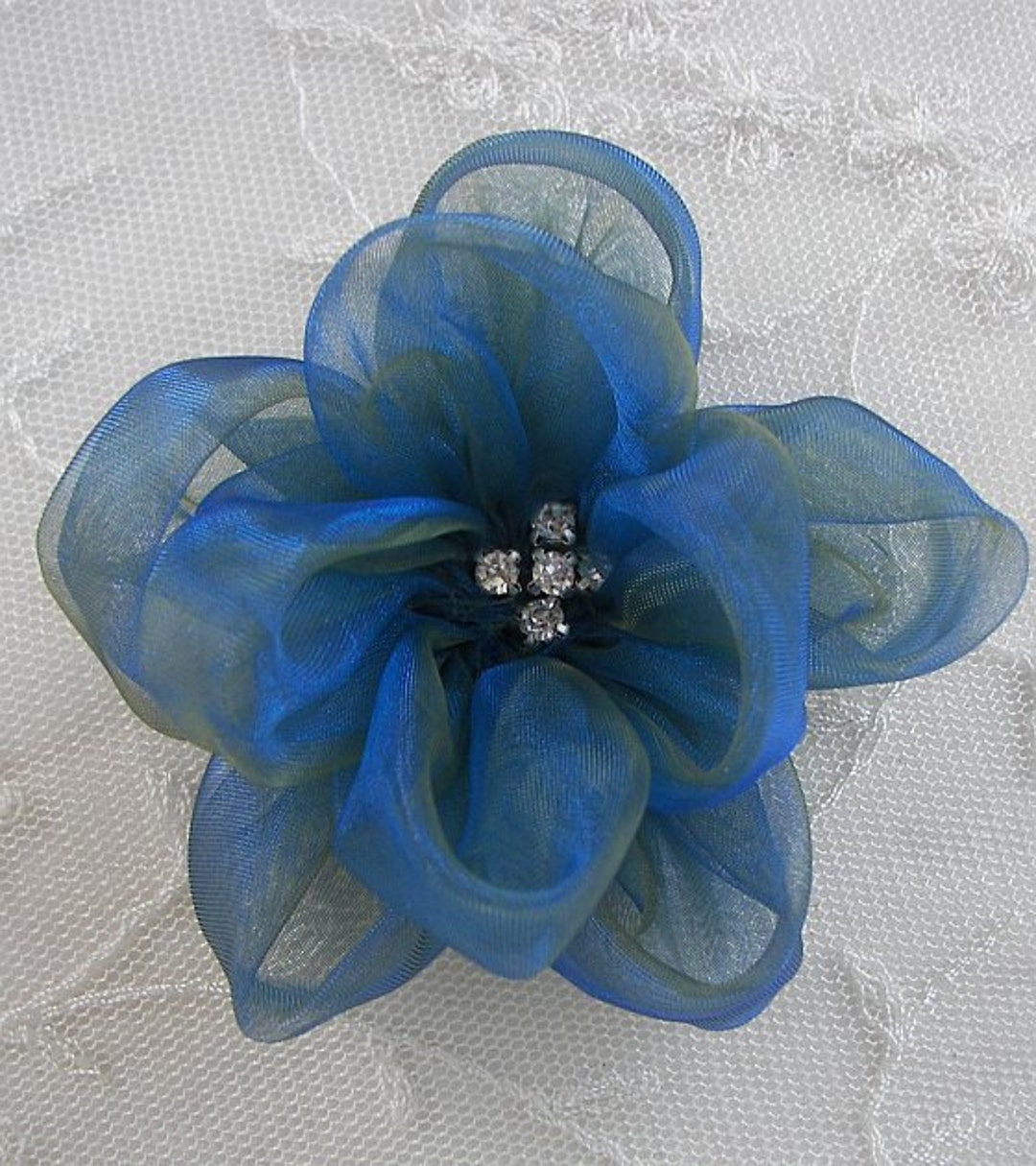 PEACOCK BLUE Rose Flower Organza Fabric Applique Rhinestone Beaded ...