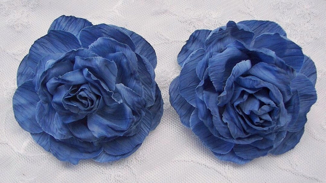 2 Pc Antique Blue Cabbage Rose Fabric Flower Applique Crinkle Victorian ...