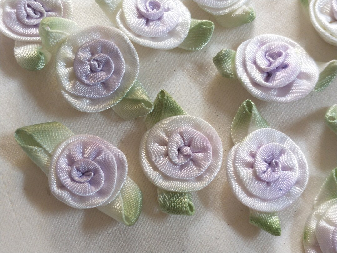 12 Lavender White Satin Fabric Ribbon Rose Flower Ombre Applique Baby ...