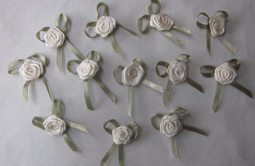 18 P BOW Ivory Satin Fabric Ribbon Rose Flower Floral Applique Bridal ...