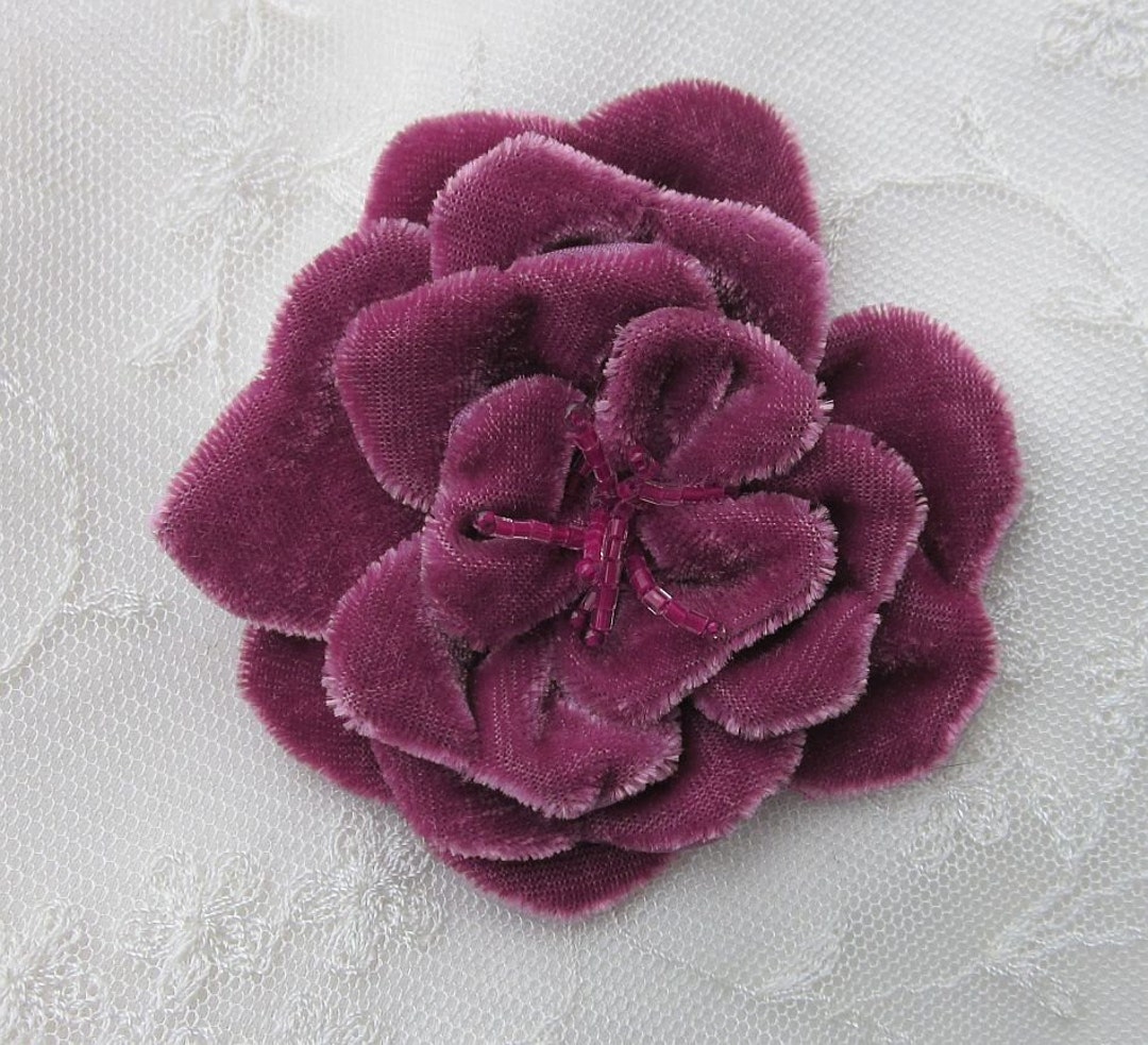 Mauve Velvet Ribbon Rose Fabric Flower Floral Applique Beaded Garden ...