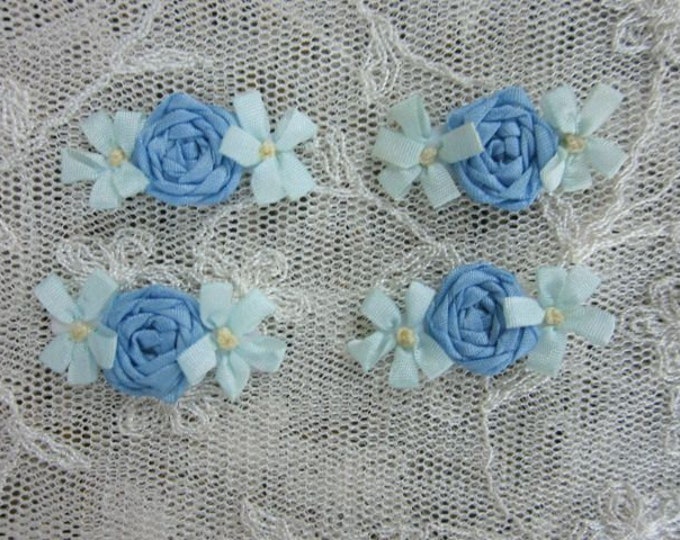 6 Pc Applique Teal Ribbon Rosette Spider Rose Flower W Stone HANDMADE ...