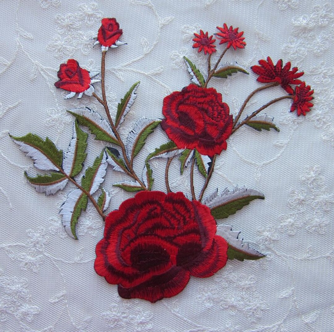 Red Rose Embroidered Flower Patch Iron on Applique W Leaves - Etsy