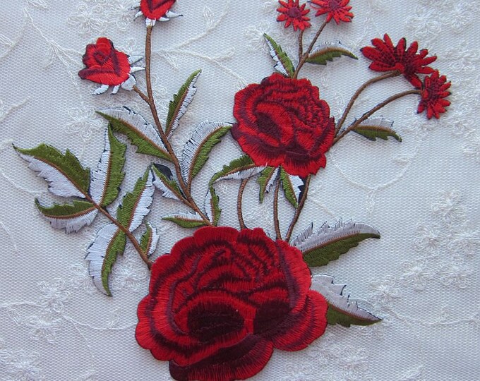 Red Rose Embroidered Flower Patch Iron on Applique W Leaves - Etsy