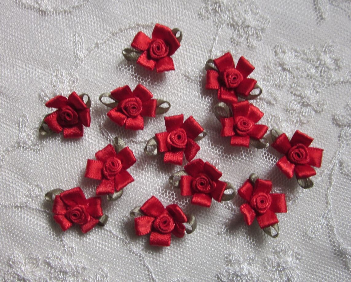 12 Pc Valentine RED Satin Ribbon Fabric Flower Rose Bud | Etsy