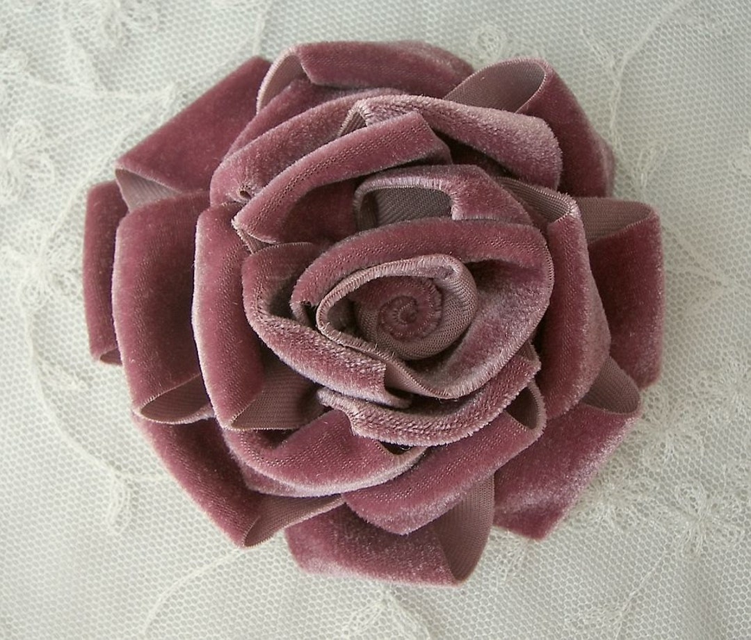 3.5 Inch Rosey Mauve Velvet Ribbon Rose Fabric Flower Applique Hat ...