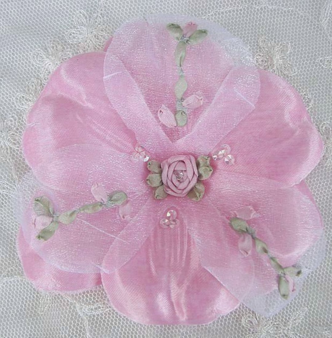 Beaded Fabric Ribbon Flower Applique W Sequins Embroidered W Rose Buds ...