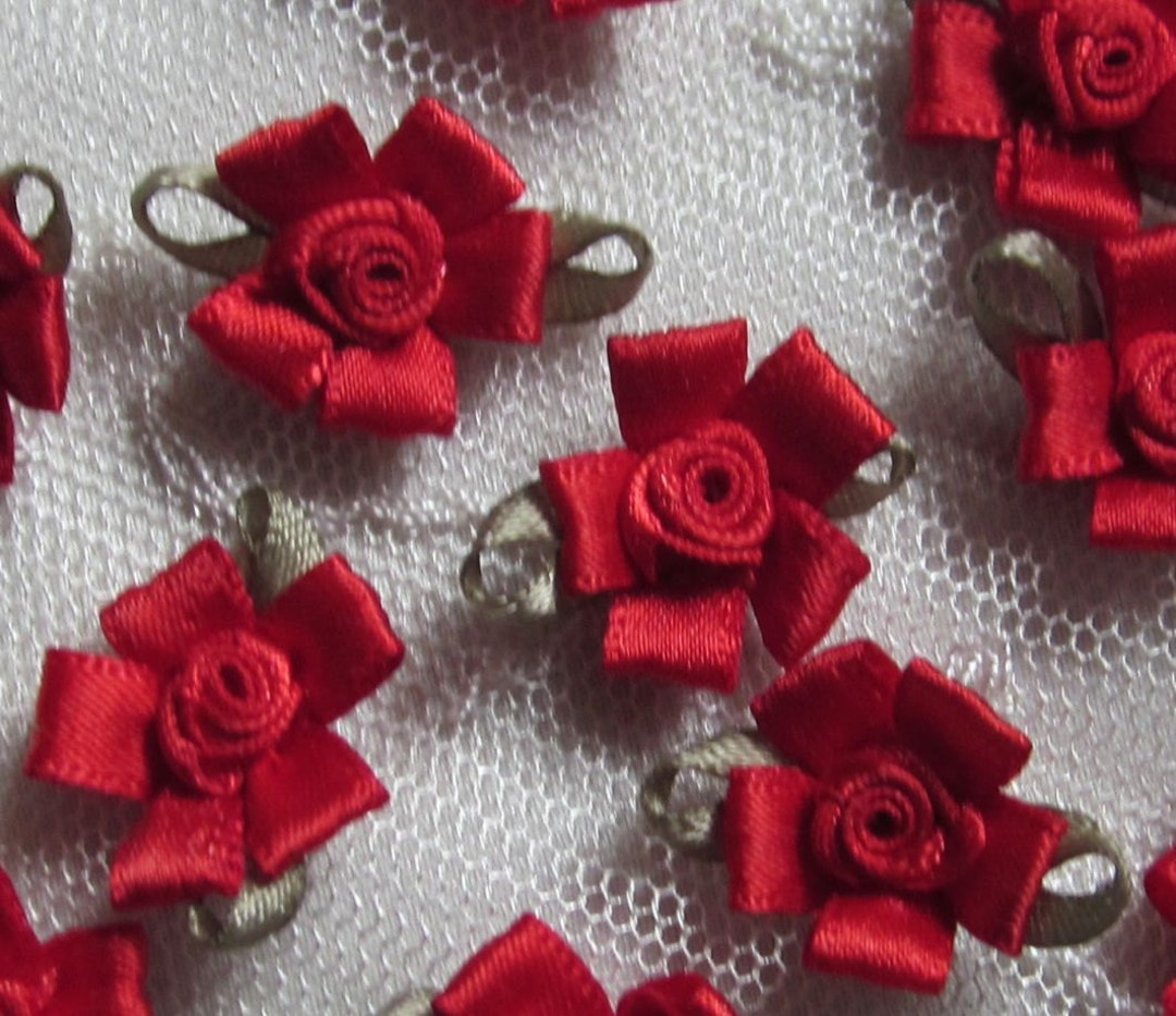 12 Pc Valentine RED Satin Ribbon Fabric Flower Rose Bud Applique Shabby ...
