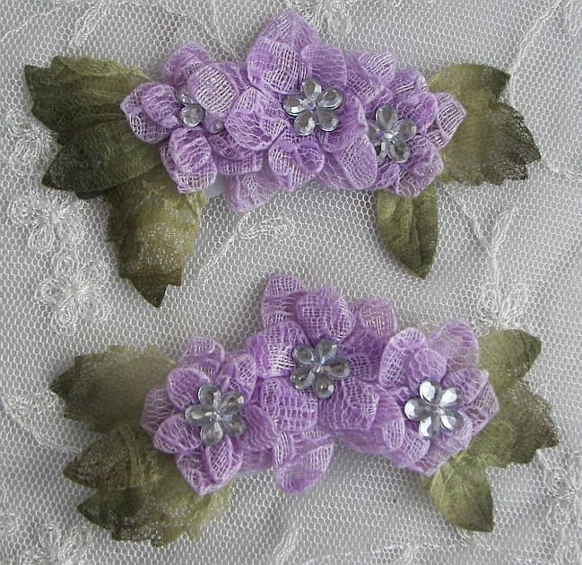 2 Pc Lavender Ribbon Lace Flower Applique W Leaf Acrylic | Etsy