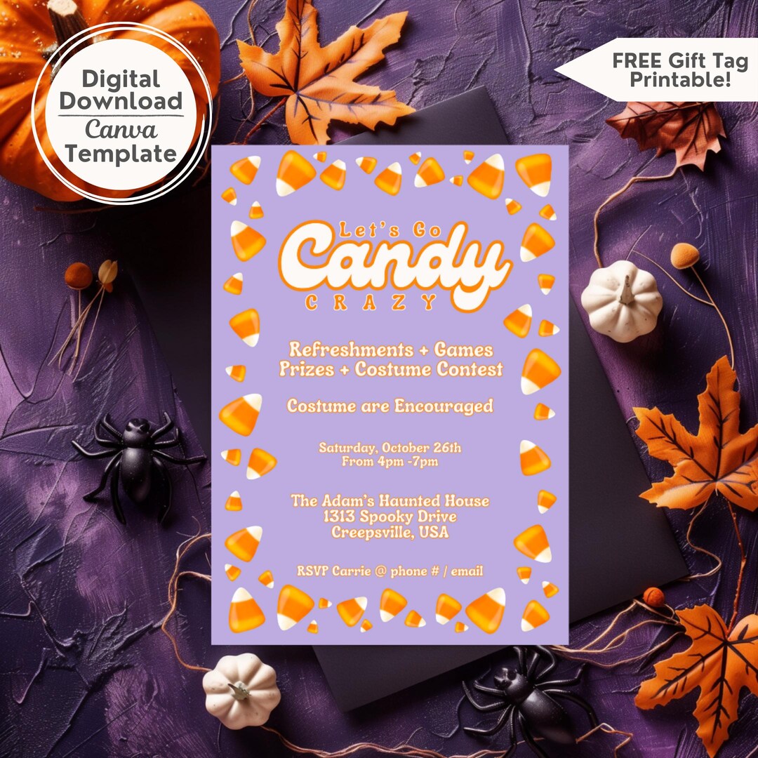 Editable Candy Corn Craze Halloween Party Invitation Canva Template ...