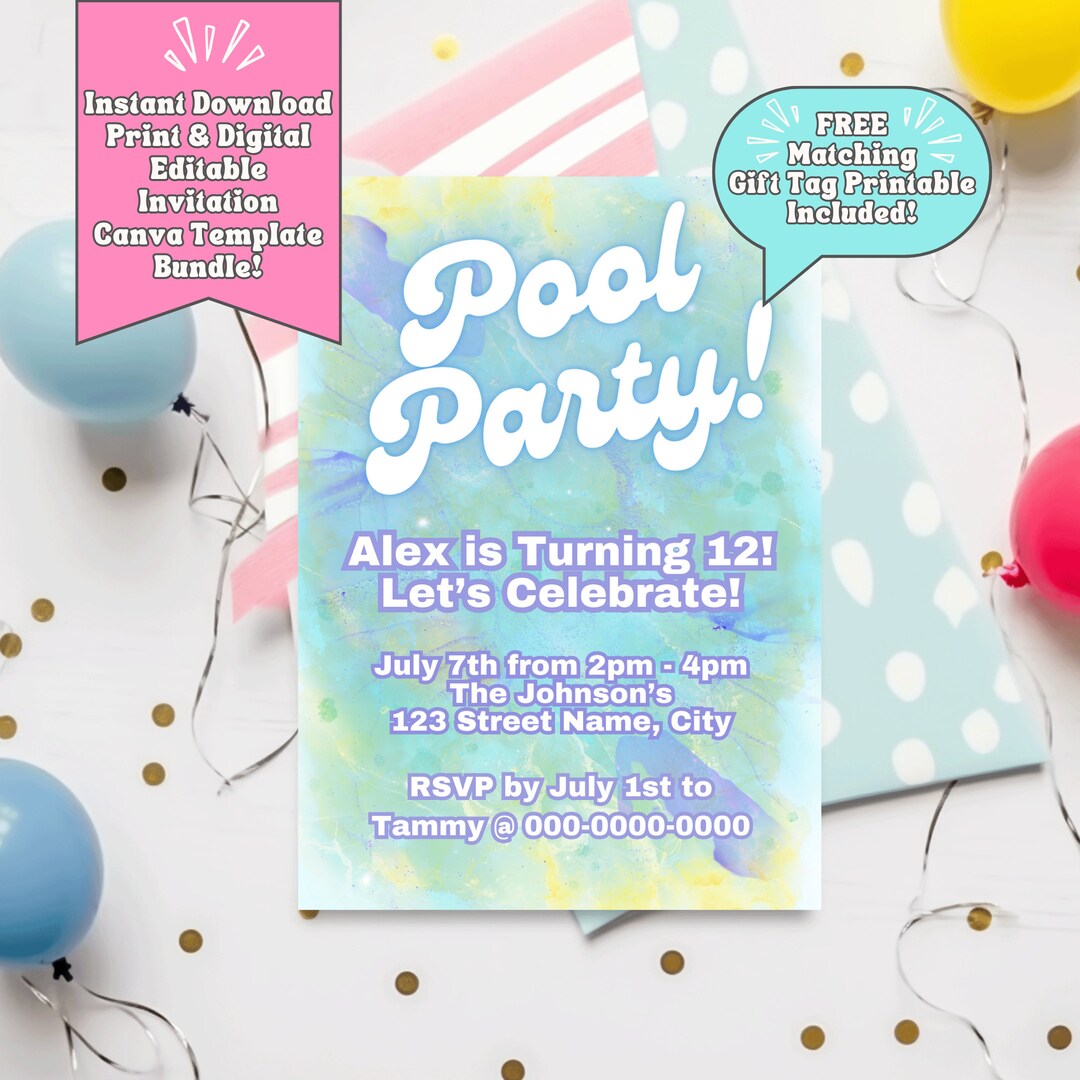 Editable Turquoise Pool Party Birthday Invitation Canva Template ...