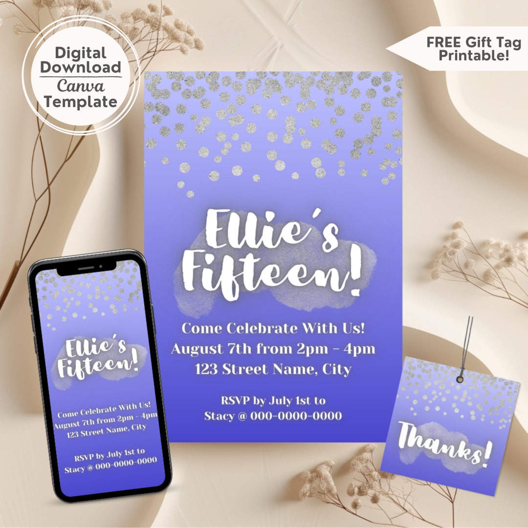 Editable Aesthetic Girls Blue Silver Glitter Birthday Party Invitation ...