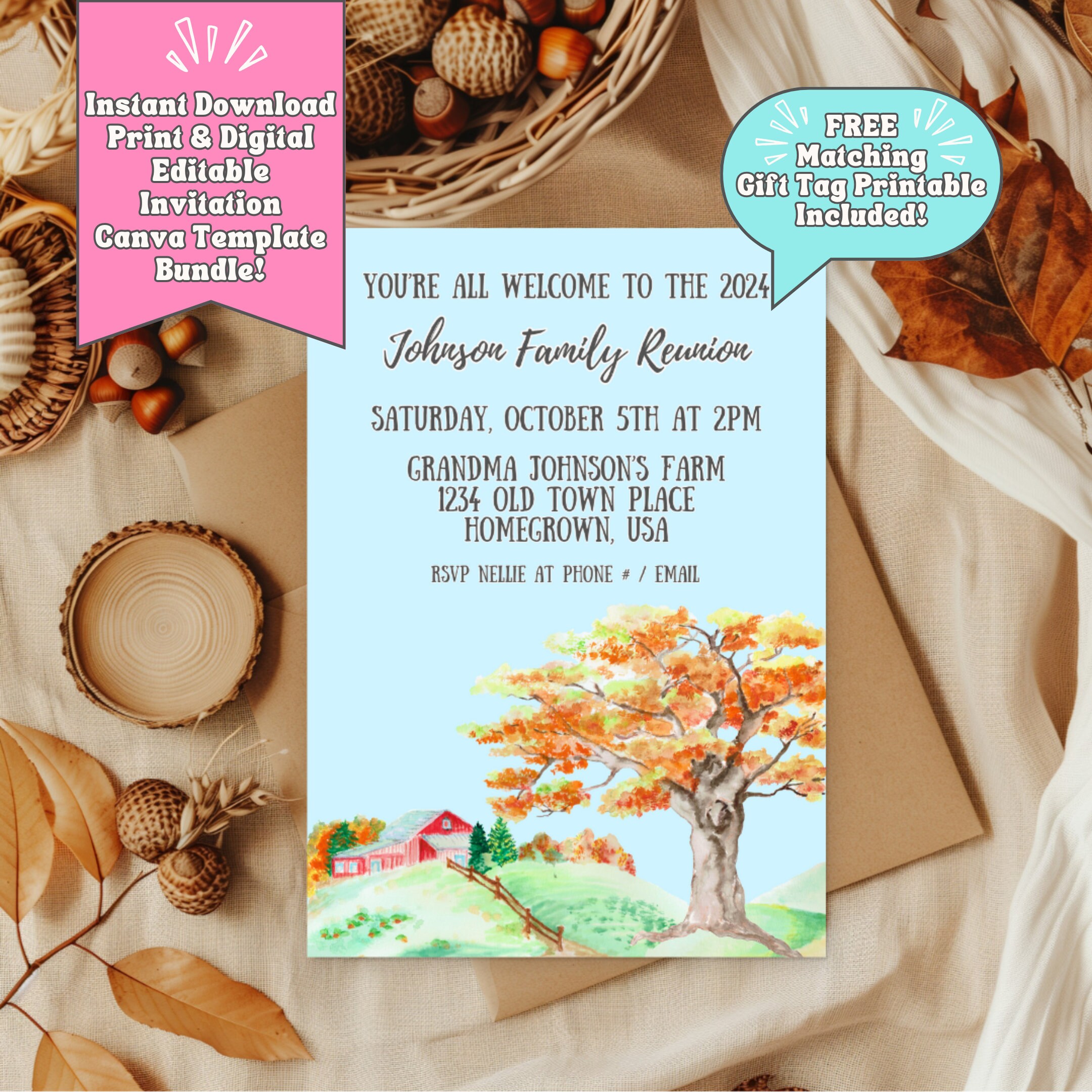 Editable Autumn Farm Family Reunion Invitation Canva Template, Print ...