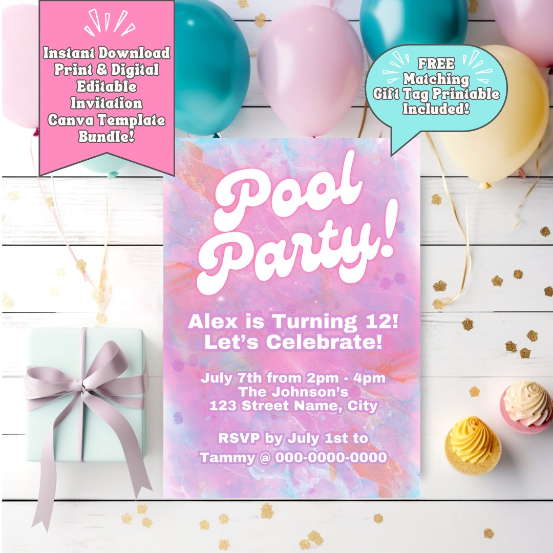 Editable Pink Pool Party Birthday Invitation Canva Template Print ...