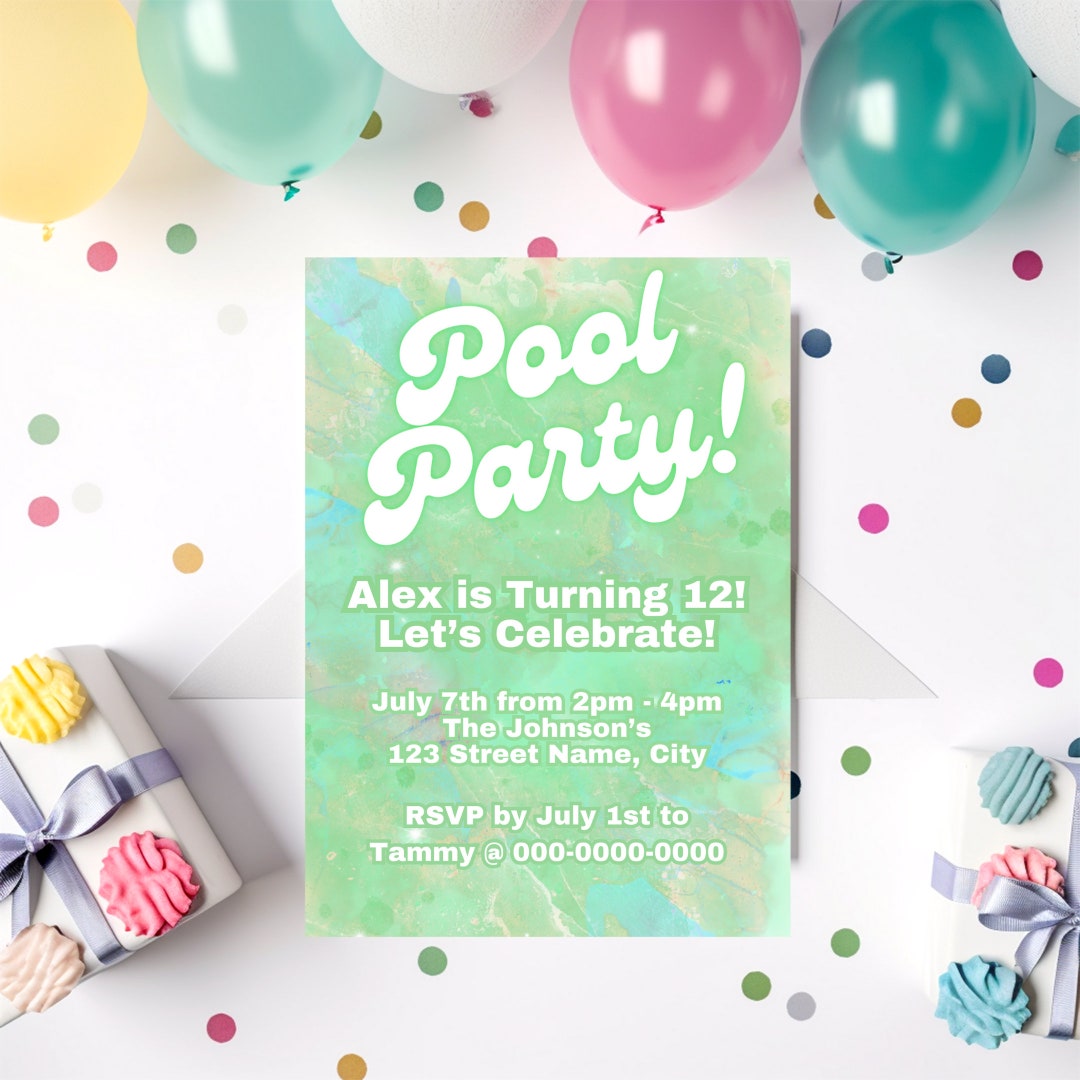 Green Pool Party Invitation Template, Canva Template Print Invite ...