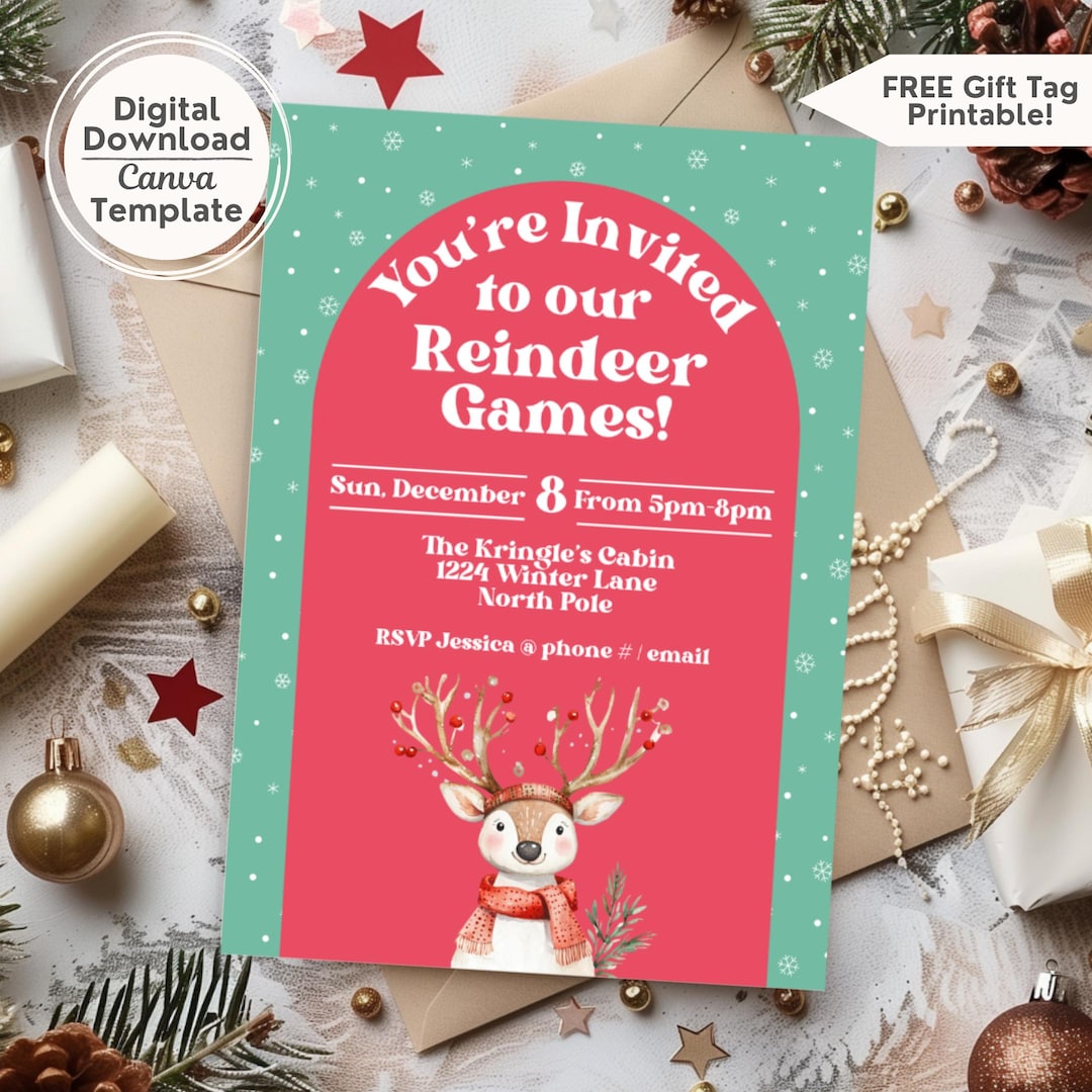 Editable Reindeer Games Christmas Party Invitation Canva Template ...