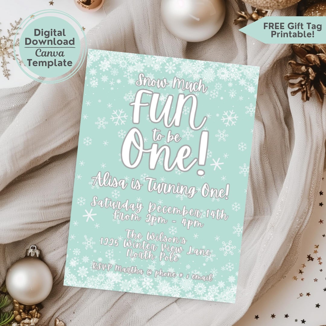 Editable Snow Much Fun to Be One! Party Invitation Canva Template ...
