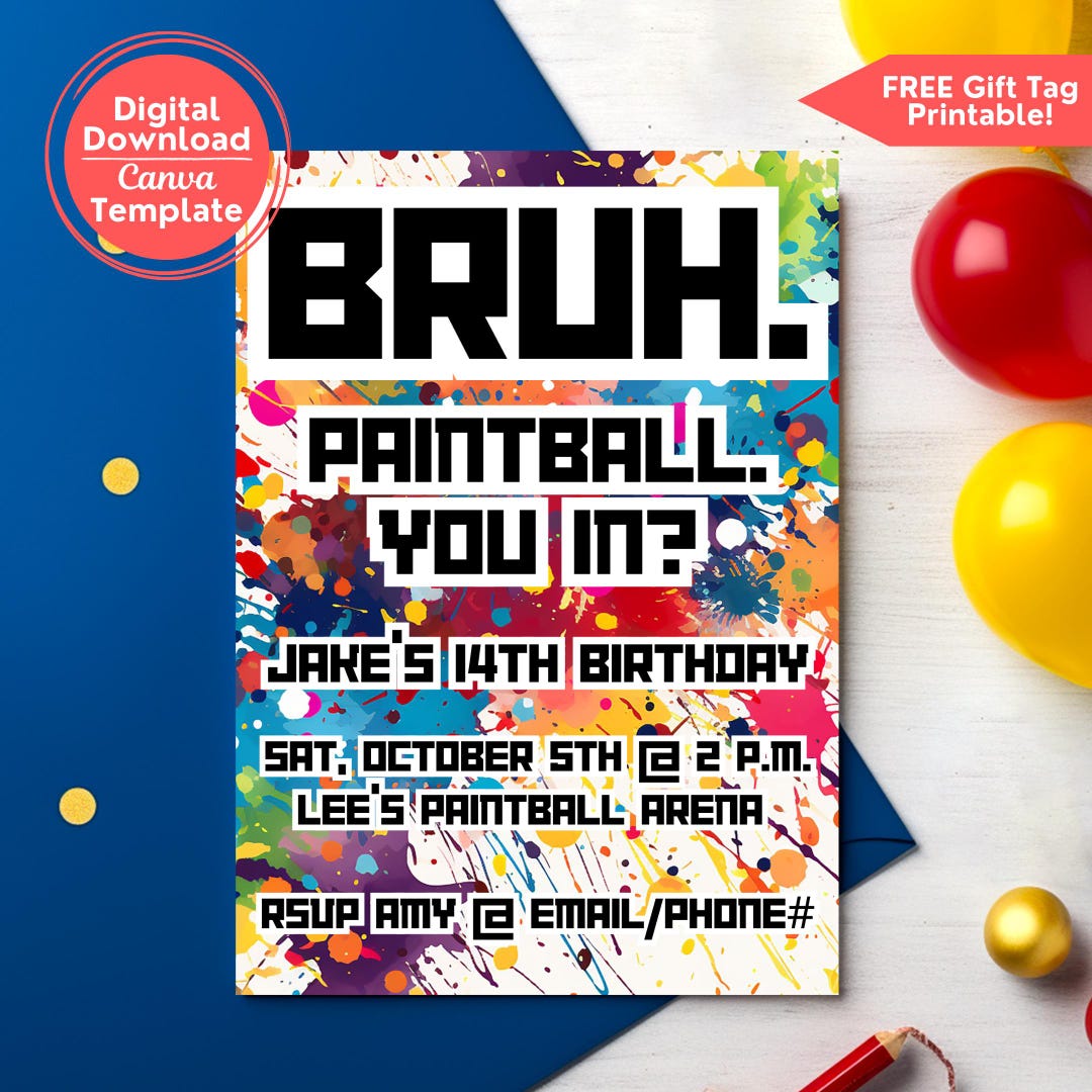 Editable Bruh Boys Paintball Party Invitation Canva Template, Print ...