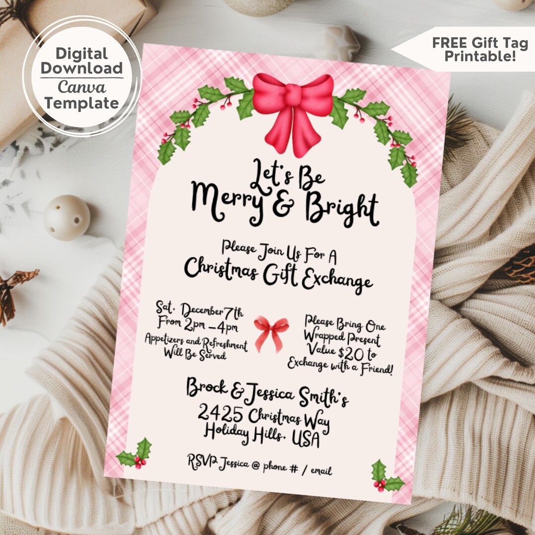 Editable Gift Exchange Christmas Party Invitation Canva Template, Print ...