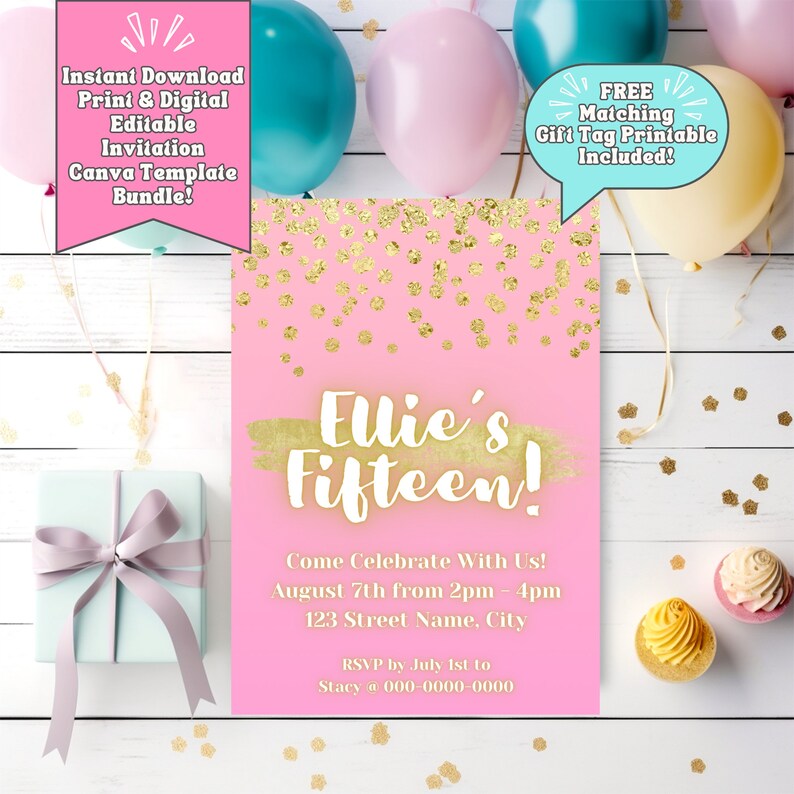 Editable Girls Aesthetic Pink Gold Glitter Birthday Party Invitation ...