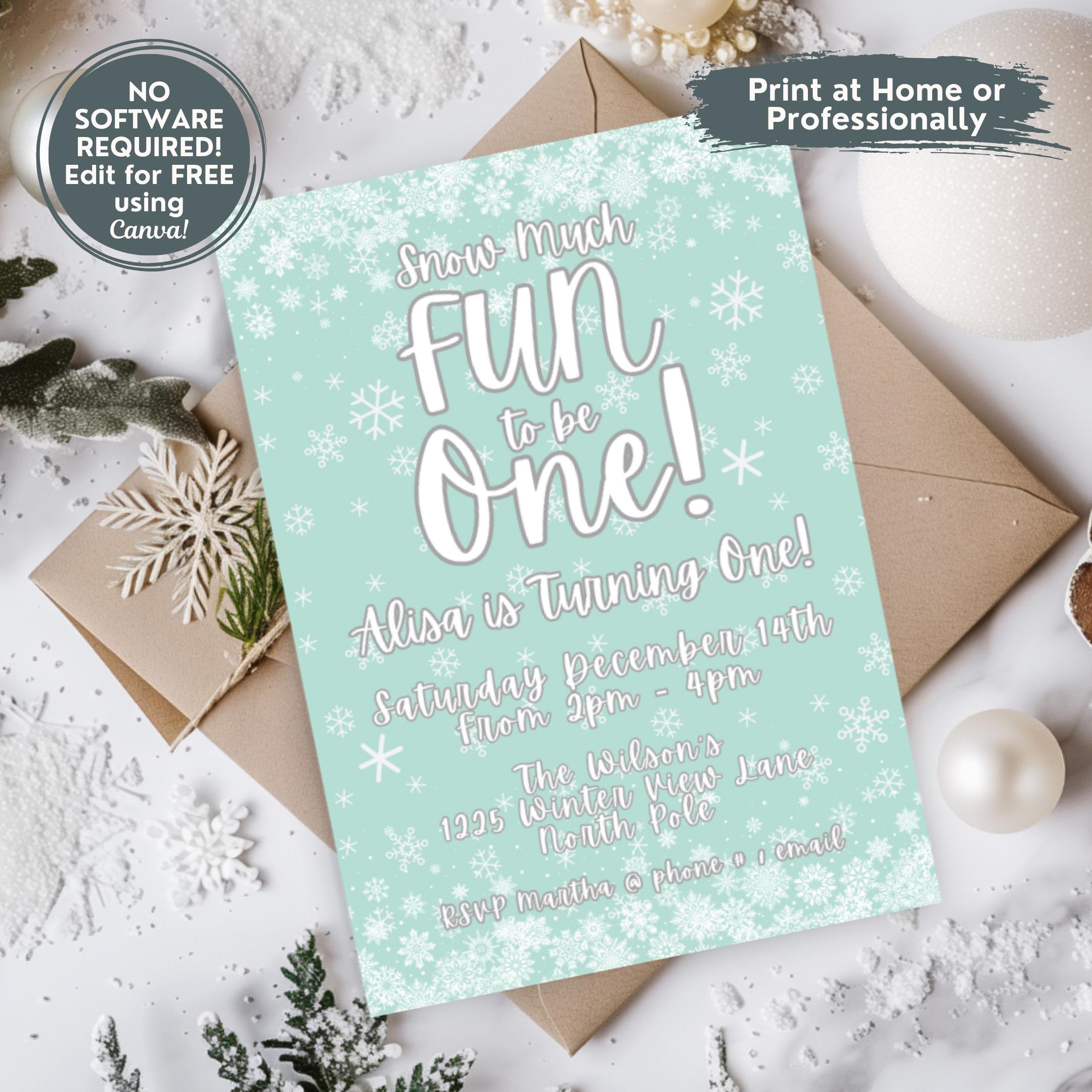 Editable Snow Much Fun to Be One Party Invitation Canva Template, Print ...