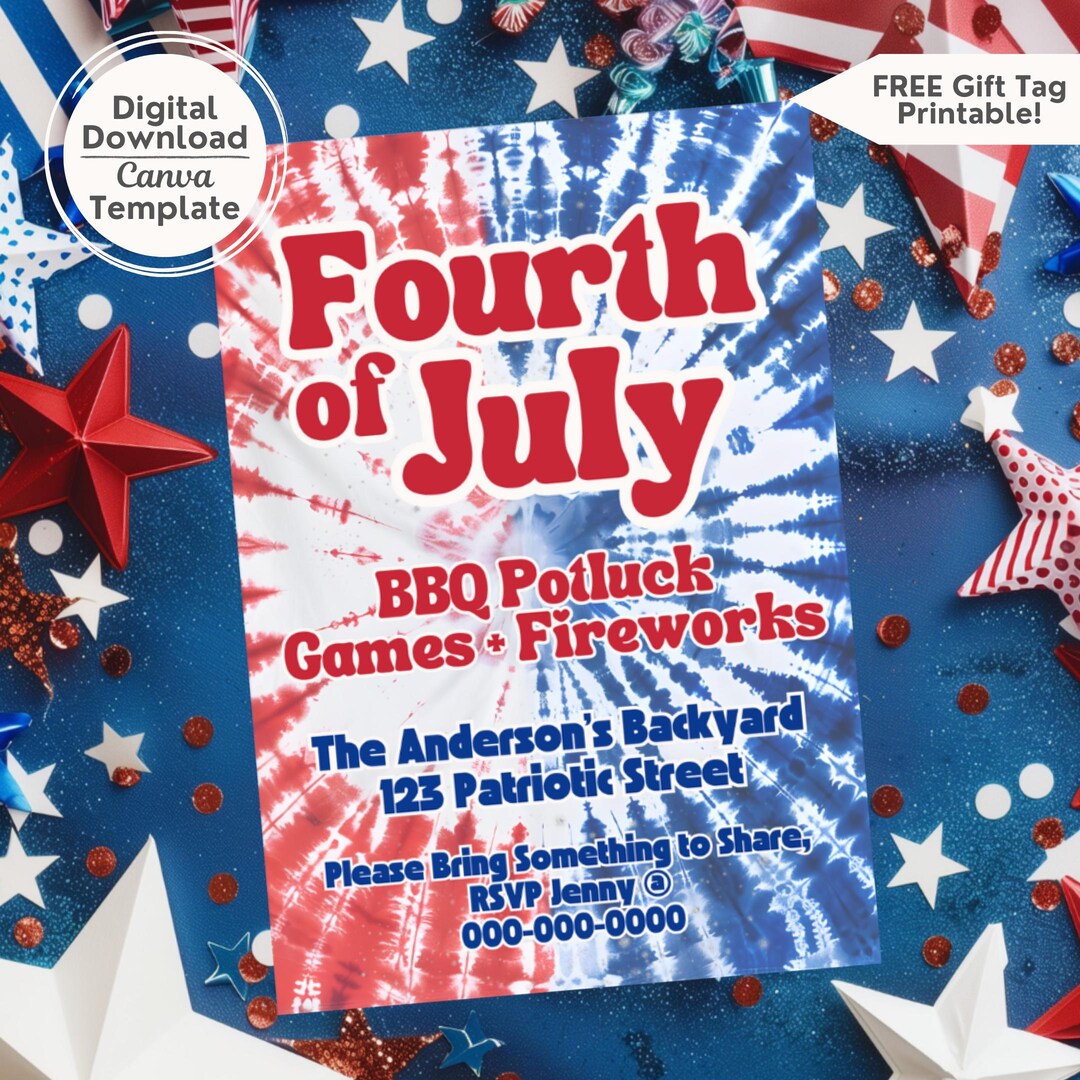 Editable Patriotic Groovy Tie Dye July 4th Party Invitation Canva ...