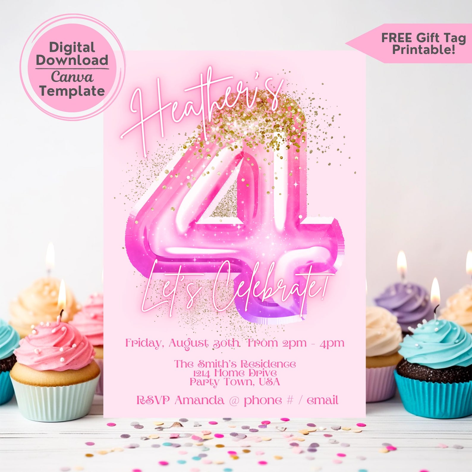 Editable Pink Princess Number Balloon Girls 4th Birthday Party ...