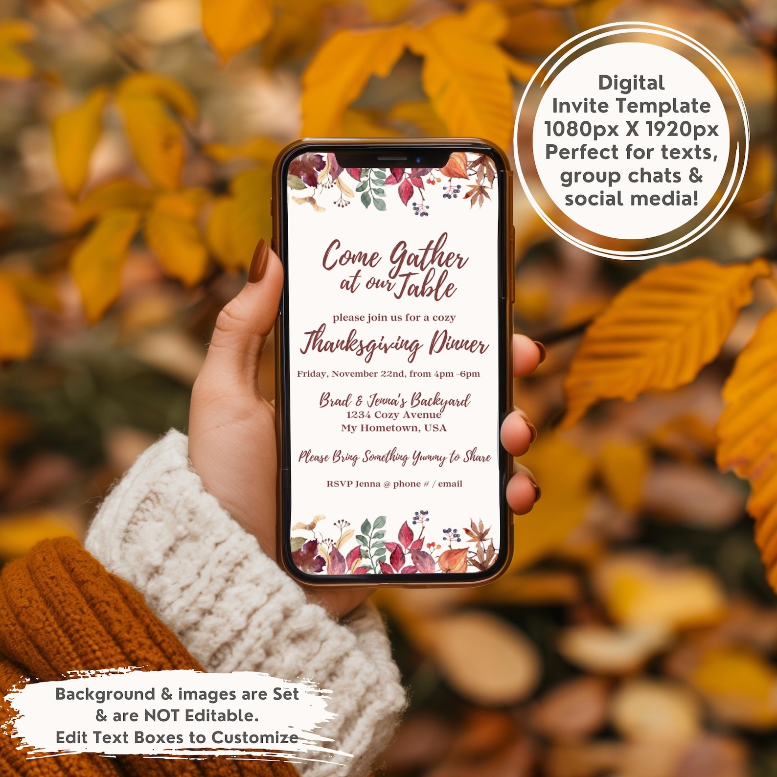 Editable Elegant Autumn Leaves Thanksgiving Dinner Invitation Canva ...