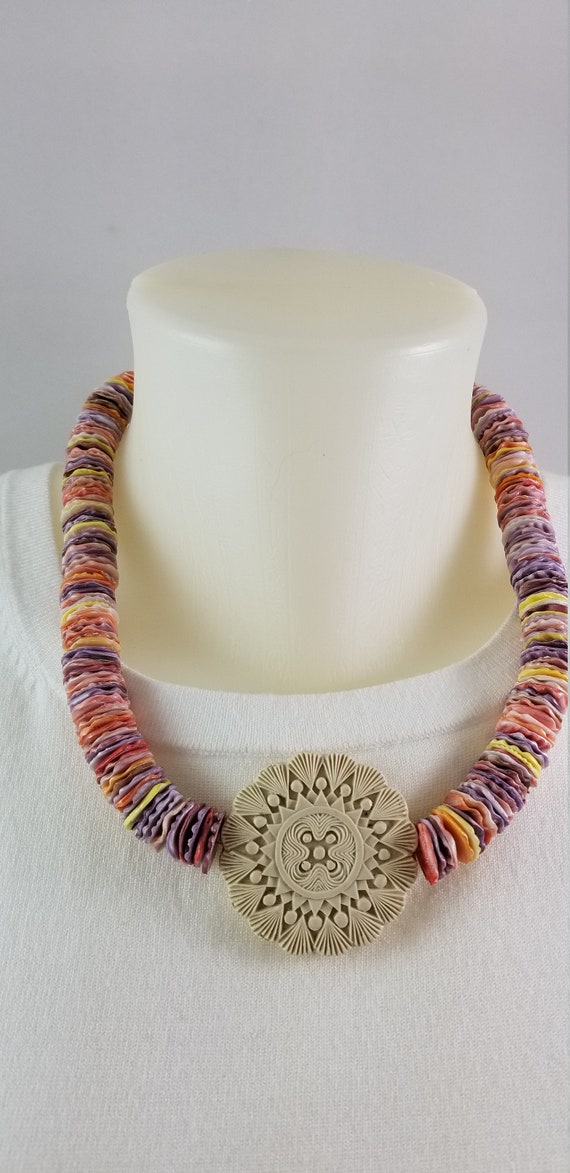 Fun Rainbow Colored Shell Wafer Necklace With Carved Round | Etsy