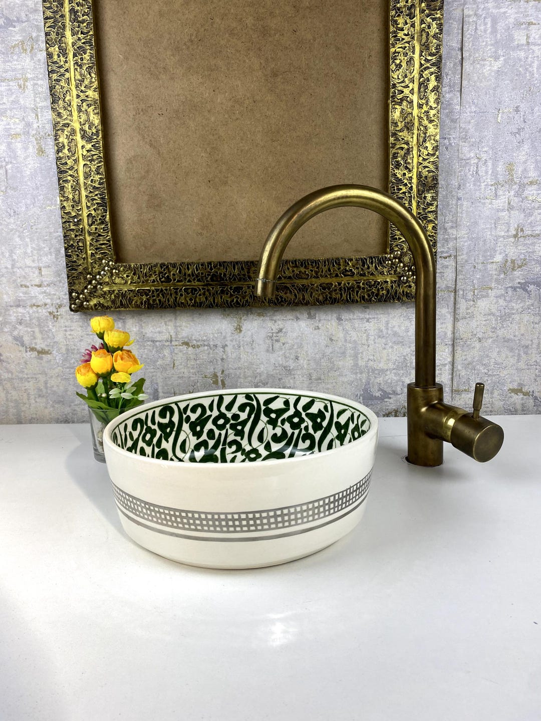 Colorful Ceramic Vessel Sink With Selver Drawing , Handmade Countertop ...