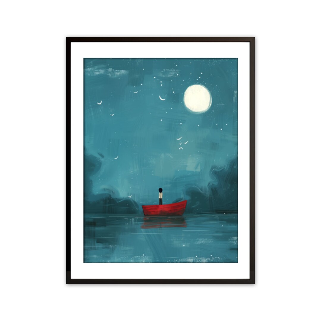 Starry Night Boat - Whimsical Lake Scene Fantasy Art for Print Digital ...