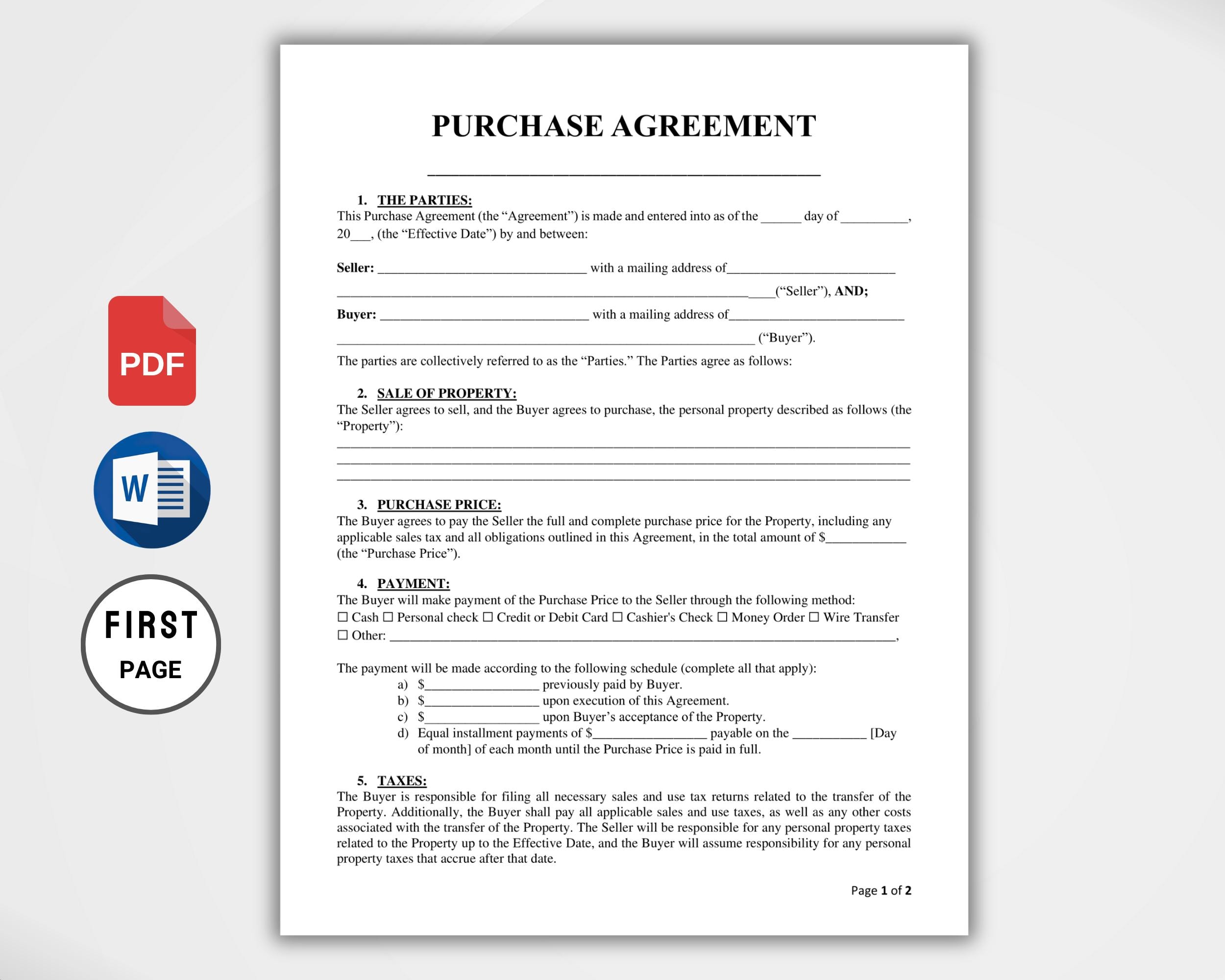 Printable Purchase Agreement Template, Editable Purchase and Sale ...