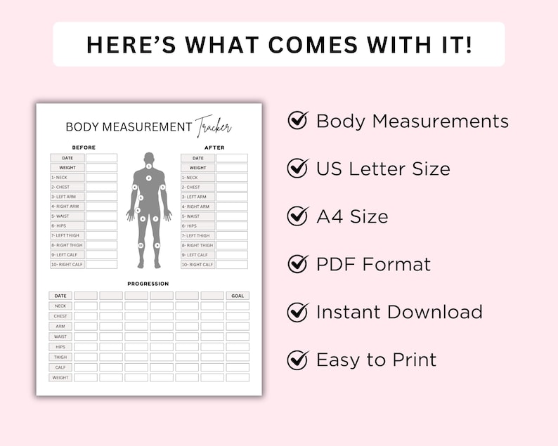 Fitness Progress Tracker Printable, Body Measurement Chart, Body ...