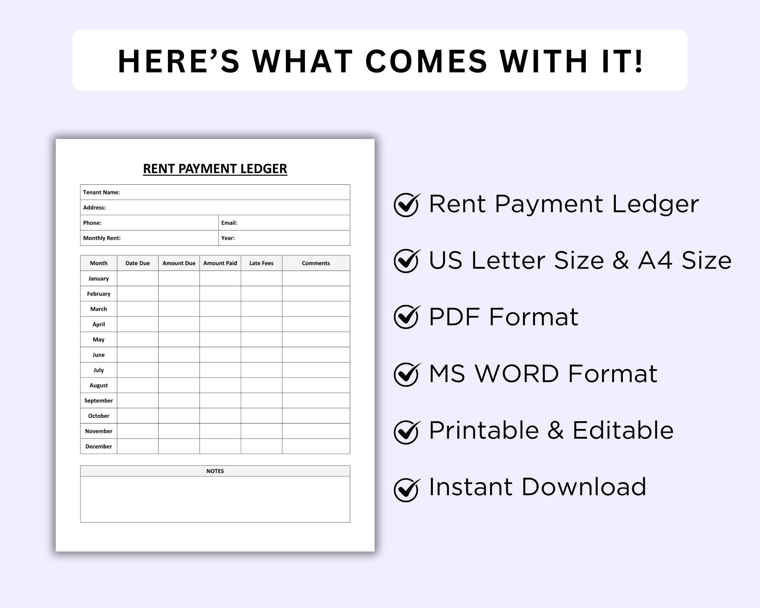 Editable Rent Payment Ledger. Monthly Rent Payment Tracker. Rent ...