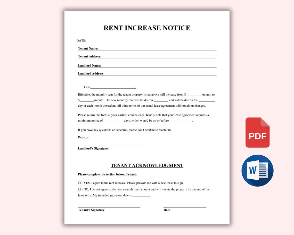 Printable Rental Increase Notice. Rent Increase Letter. Rental Increase ...